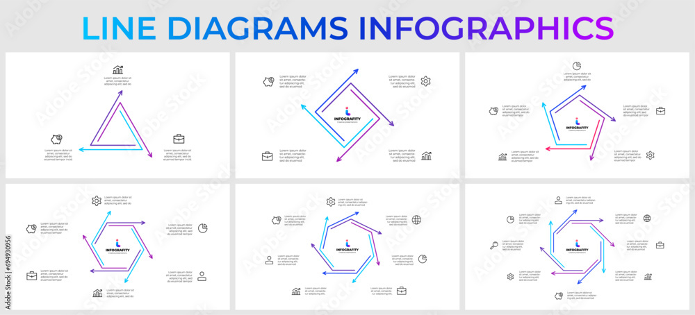Outline infographic diagrams set with 3, 4, 5, 6, 7 and 8 options ...