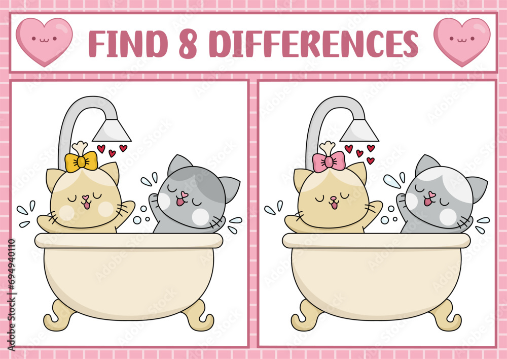 Saint Valentine kawaii find differences game for children. Attention ...