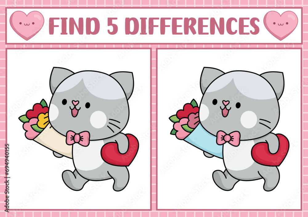Saint Valentine kawaii find differences game for children. Attention ...