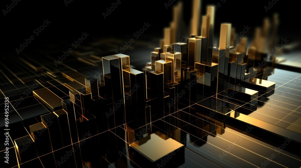 Dynamic 3D financial bar graph with soaring golden columns ...