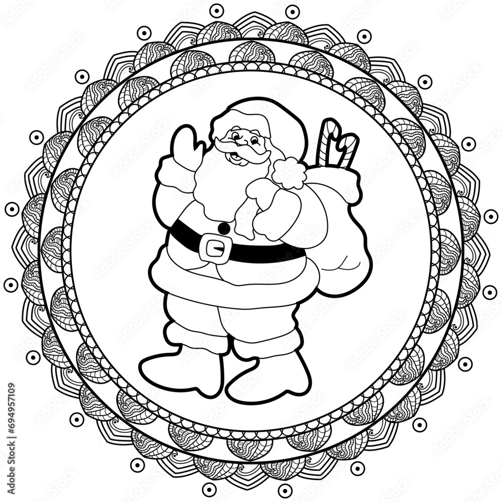 Vector illustration of a mandala frame with Santa Claus for coloring ...
