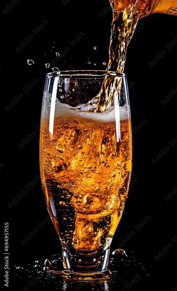 Golden beer flowing elegantly into a glass against a black background ...