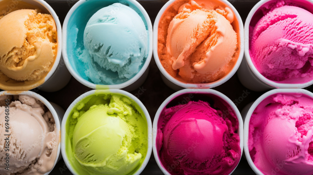 Set of ice cream scoops of different colors and flavours with berries ...