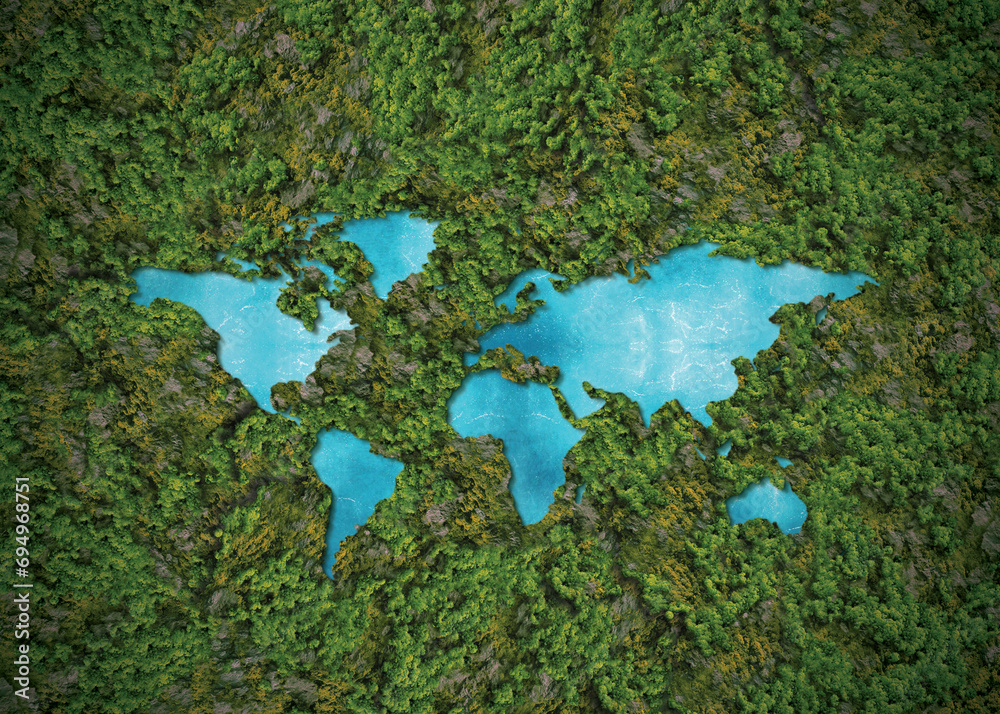 Green World Map- 3D tree or forest shape of world map isolated on white ...