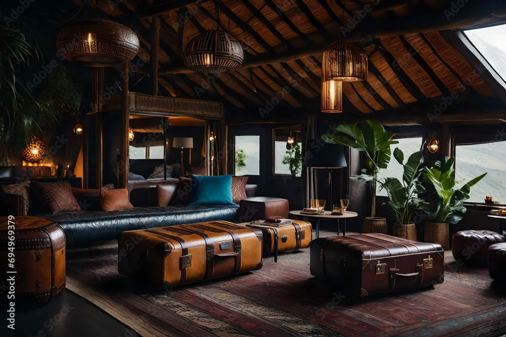 A lounge that reflects a love for travel and adventure, featuring a mix ...