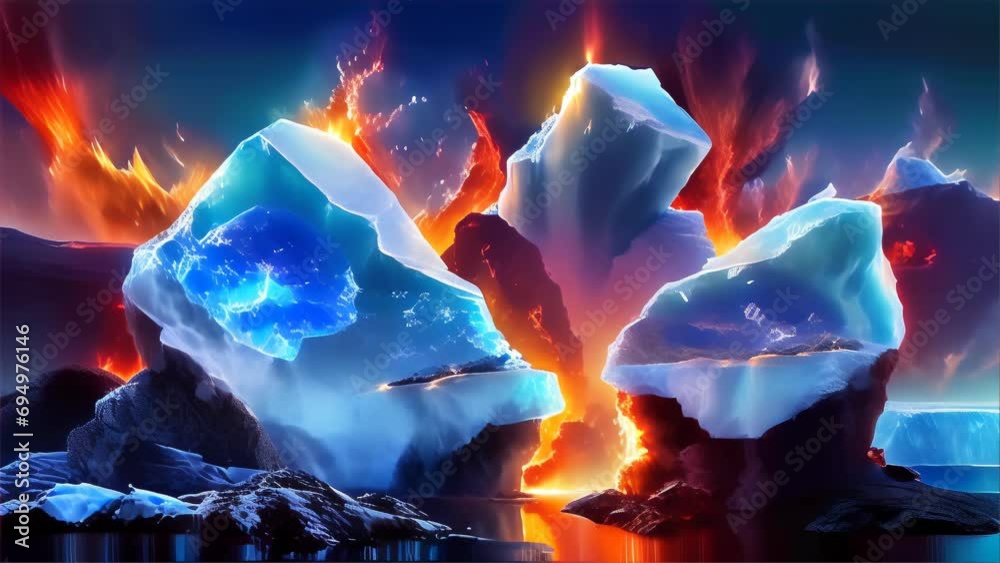 a dynamic scene where elements of fire and ice coexist, illustrating ...