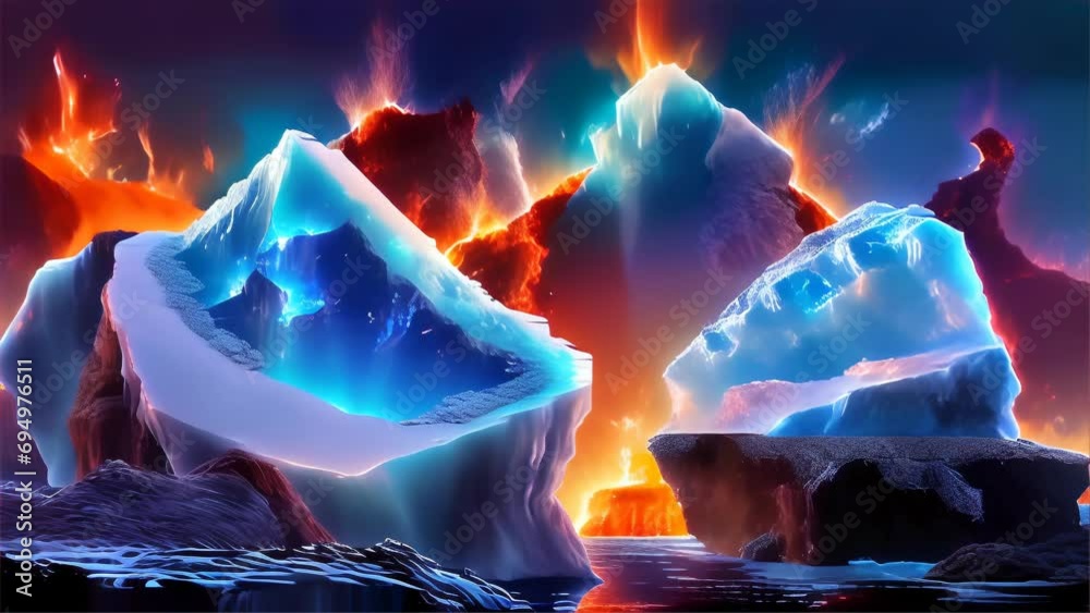 a dynamic scene where elements of fire and ice coexist, illustrating ...