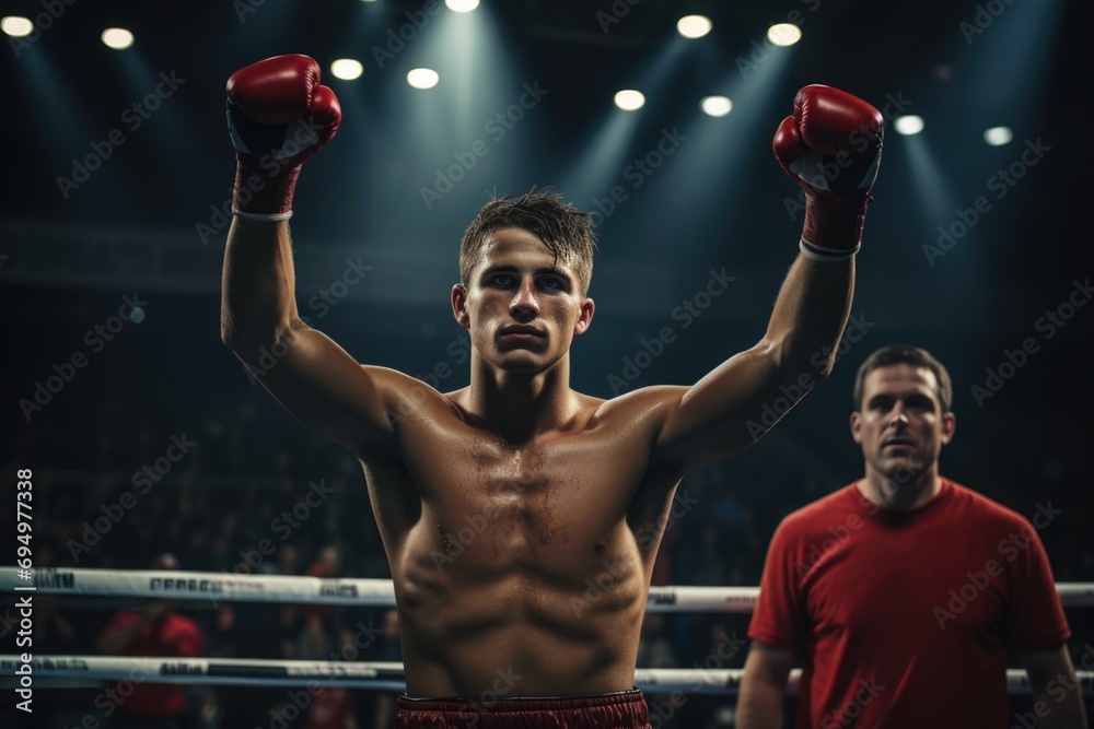 Triumphant moment: A victorious boxer revels in the ring, celebrating ...