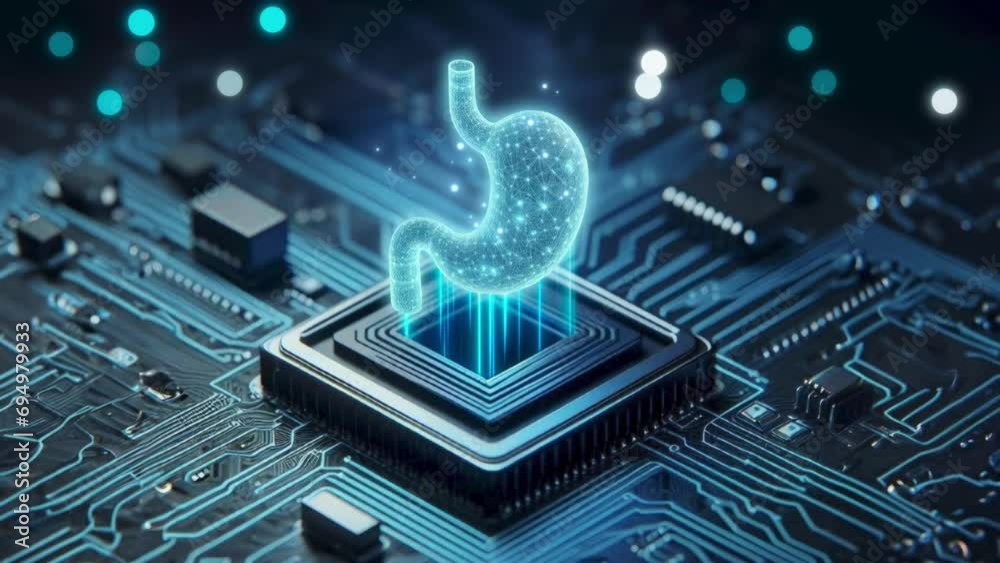 A digital blue human organ hologram like a liver, brain, heart, stomach ...