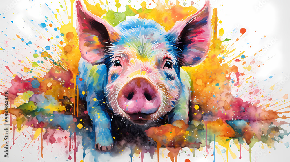 Watercolor painting of a pig on a farm with dynamic strong brush ...