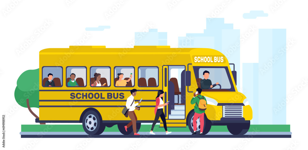 Schoolchildren and students board school city bus. Public transport ...