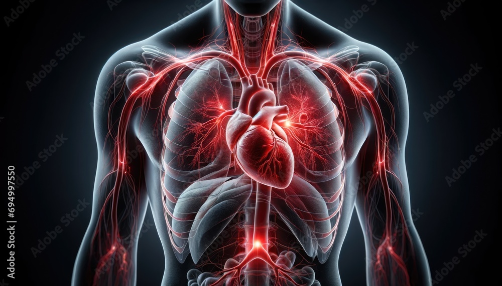 human torso with a focus on the heart and lungs. Areas associated with ...