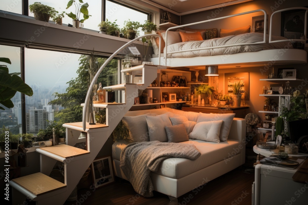 Small apartment in a high-rise building within a big city showcases an ...