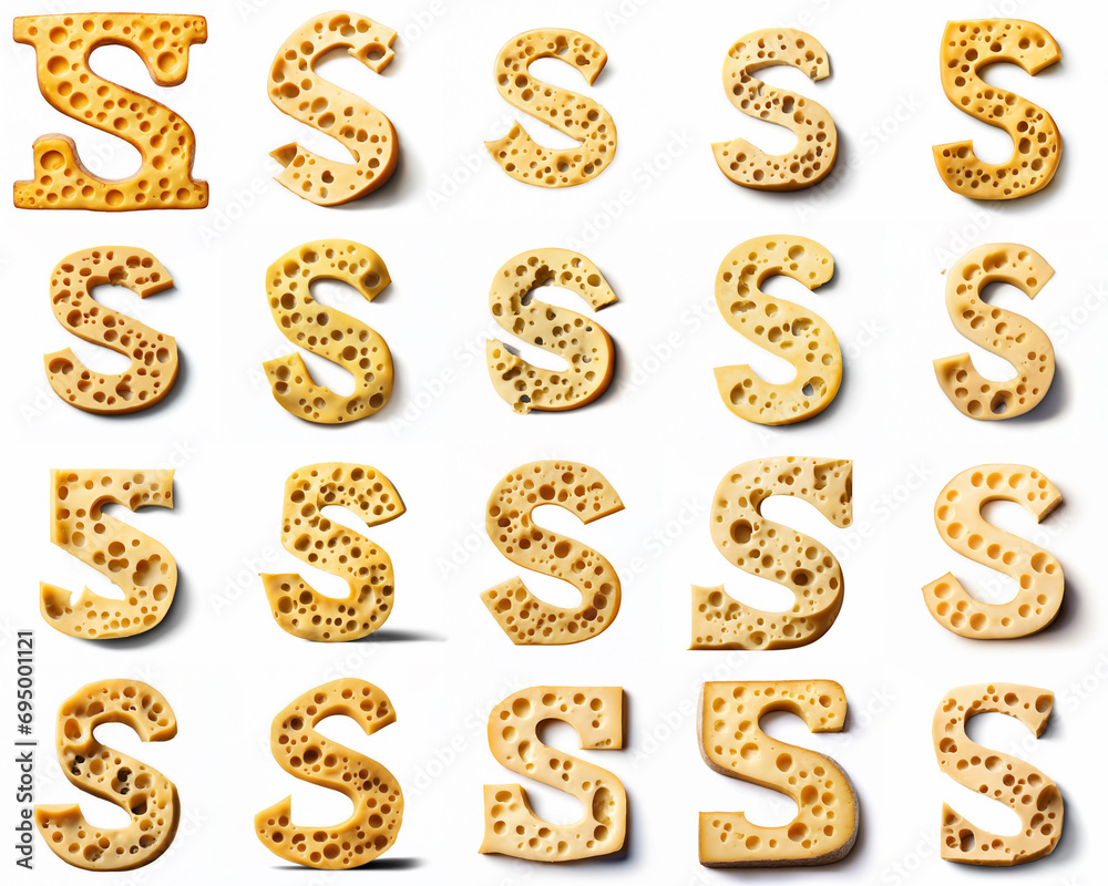 Group of various S shaped letters made from yellow cheese isolated on ...