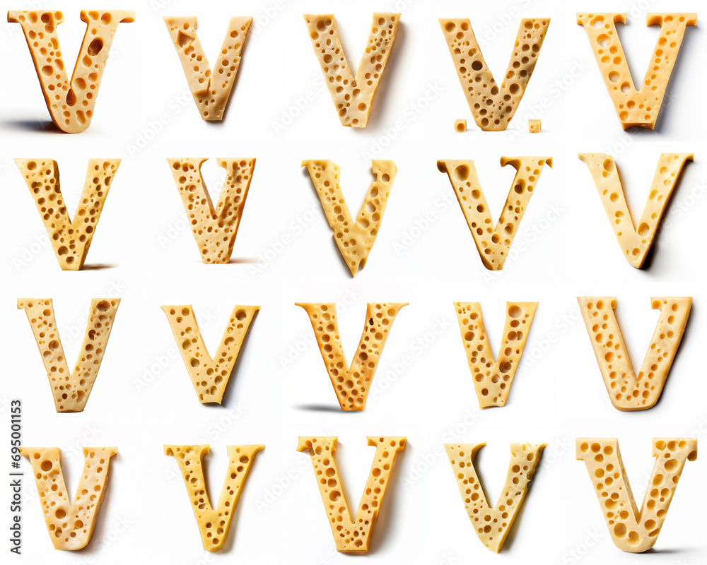 Group of various V shaped letters made from yellow cheese isolated on ...