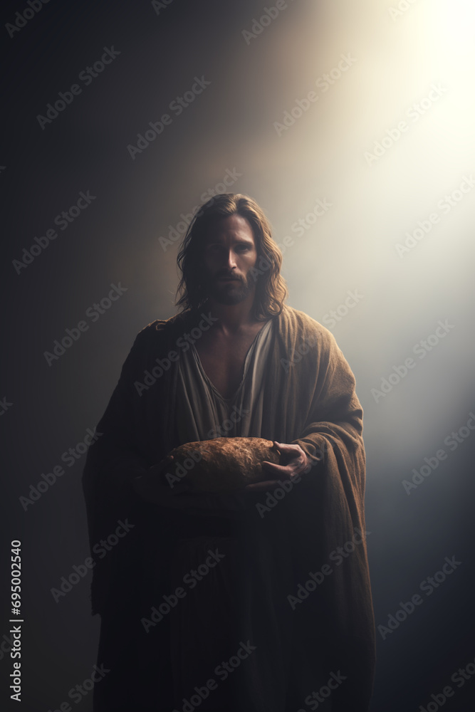 Jesus holding a loaf of bread - the holy communion - misty background ...