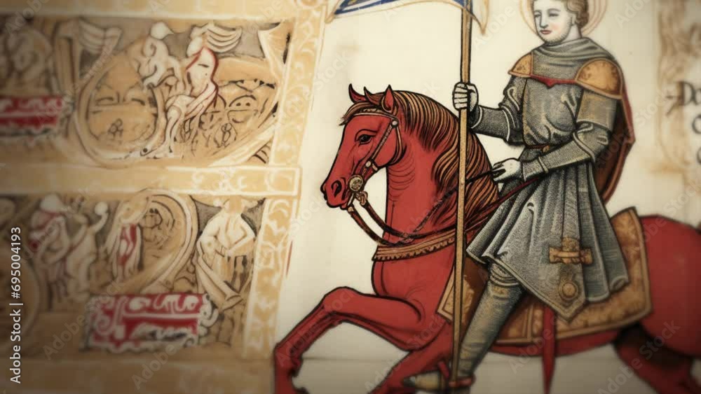 Medieval knight in armor riding a horse with a blue flag. Old ...