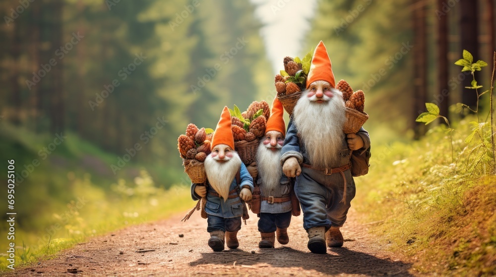 A family of gnomes is walking along a forest path and carrying baskets ...