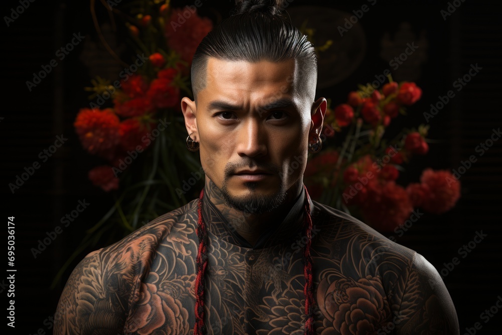 A man with yakuza style tattoos. dangerous people, concept: mafia and ...