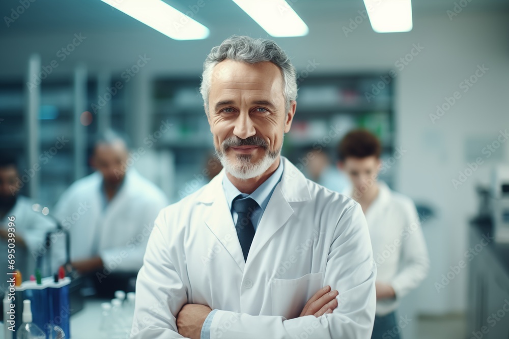 Young man with beard wearing white lab coat working at scientist ...