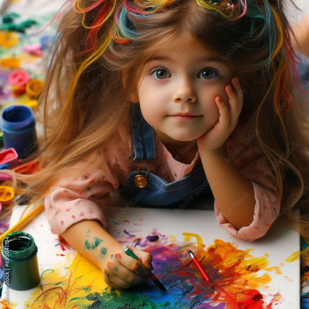 Art in the world of the child. The girl does her homework on self ...