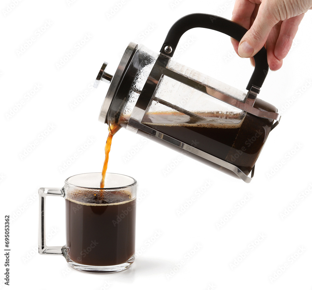 French press coffee maker pouring coffee into cup isolated on white ...
