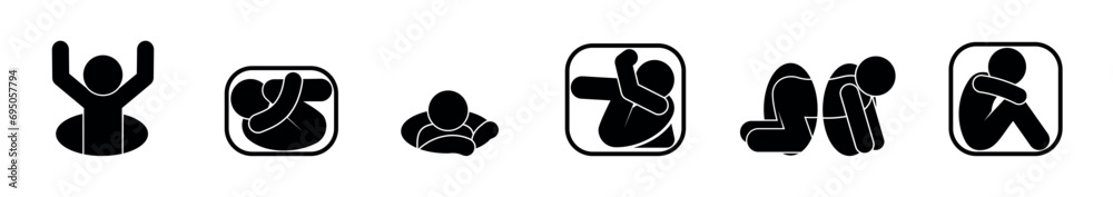 man trapped, stuck in a box, claustrophobia icon, stick figure human ...