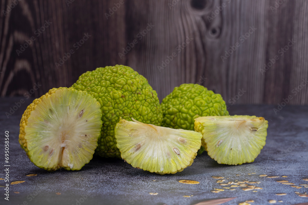 The fruit of the False Orange Tree, Maclura pomifera, is a large ...