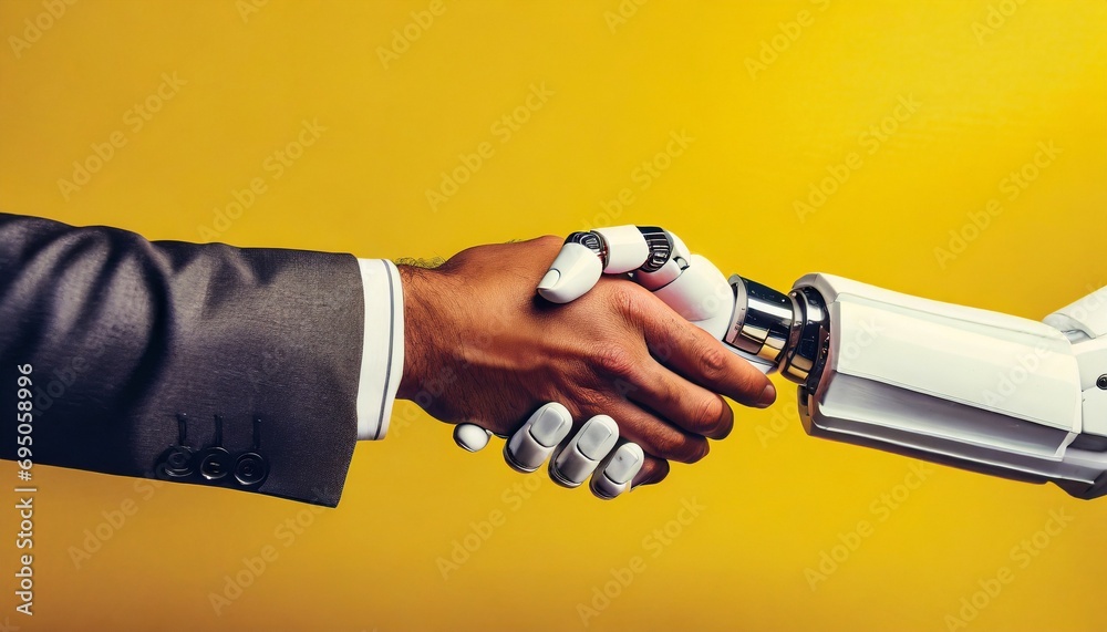 Handshake of female human and robot as symbol of connection between ...
