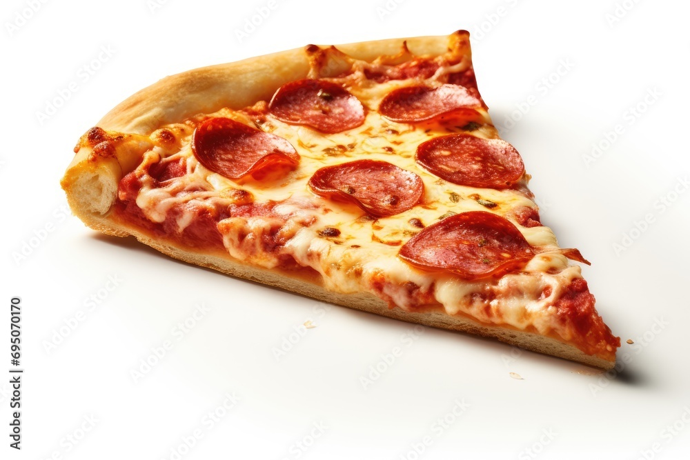 A single slice of pepperoni pizza with melted cheese, showcased against ...
