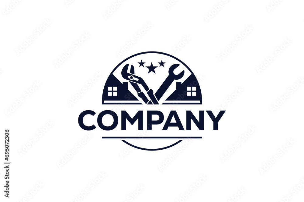 Emblem logo design of a house roof shaped like work tools. Stock Vector ...