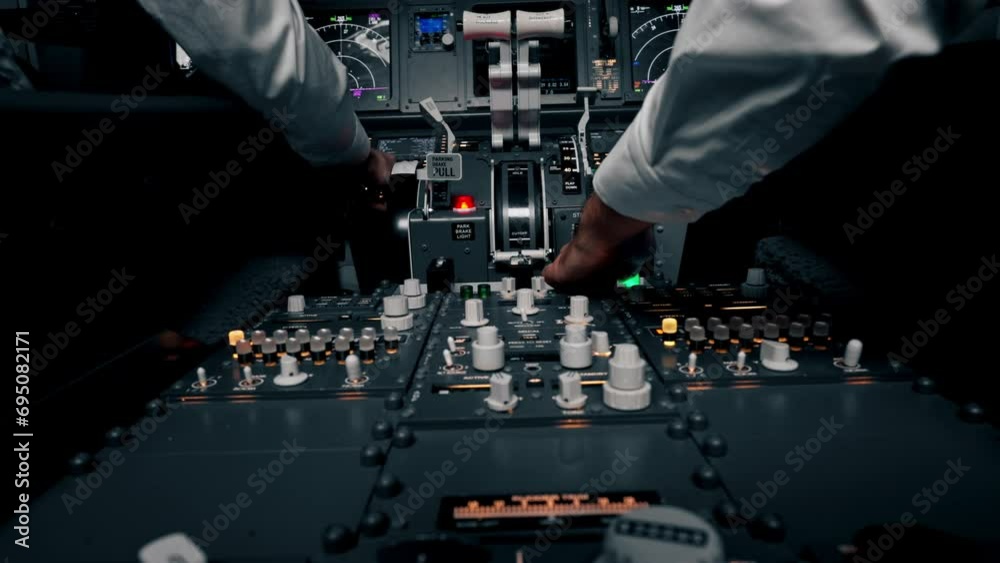 Airplane pilot controls throttle during flight or takeoff Cockpit view ...