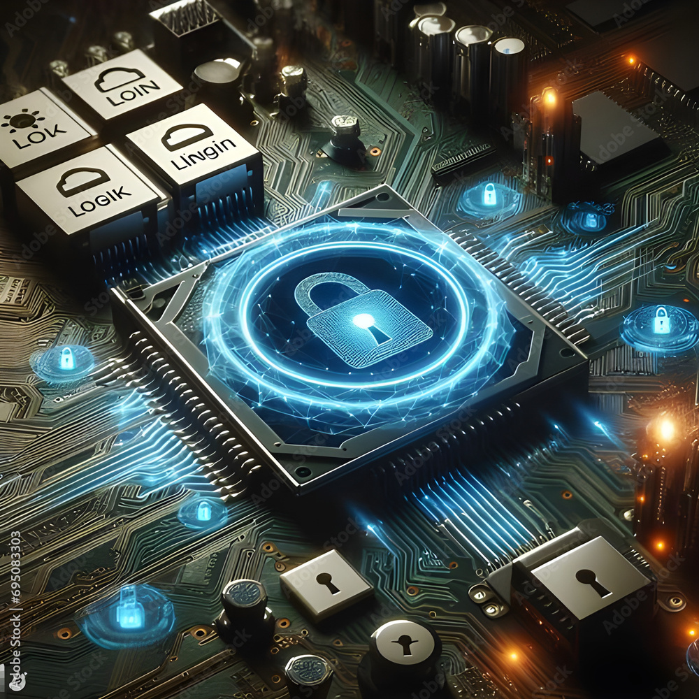 secure connection or cybersecurity service concept of compute motherboard closeup and lock with ...