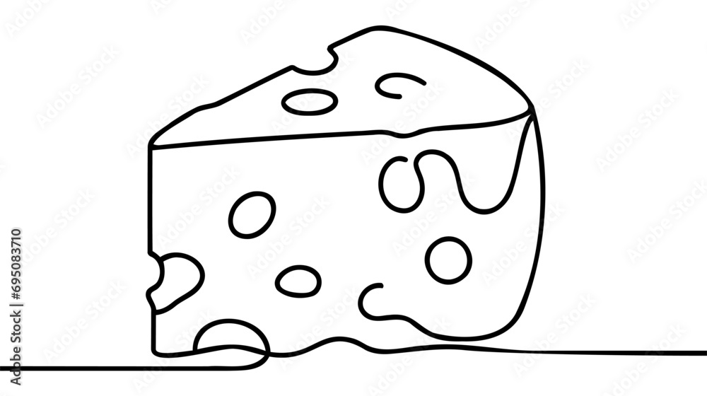 Piece of cheese with holes in one line drawing style. Dairy, milk ...