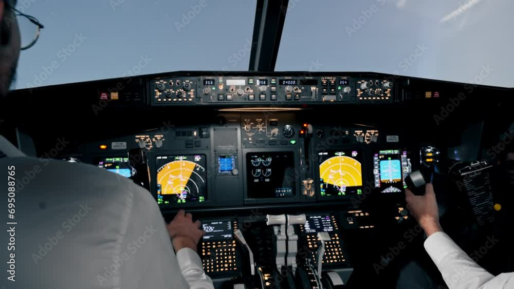 close-up of radar control and navigation panel in cockpit of airplane ...