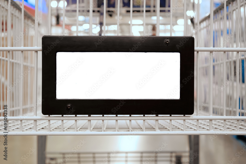 Store interior, shelves and shopping cart photograph with blank ...