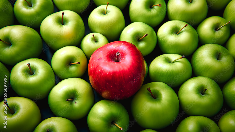 Pomme rouge unique parmi les pommes vertes - Concept et symbole de la ...