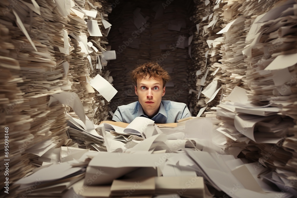 Drowning in paperwork concept, with person trapped between stacks of ...
