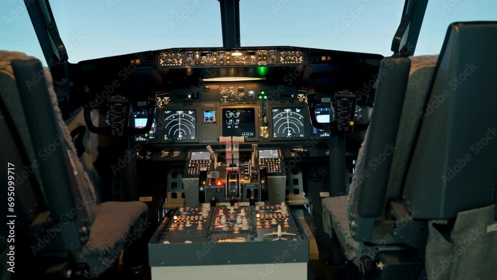 Empty airplane cockpit or flight deck modern passenger plane ready to ...