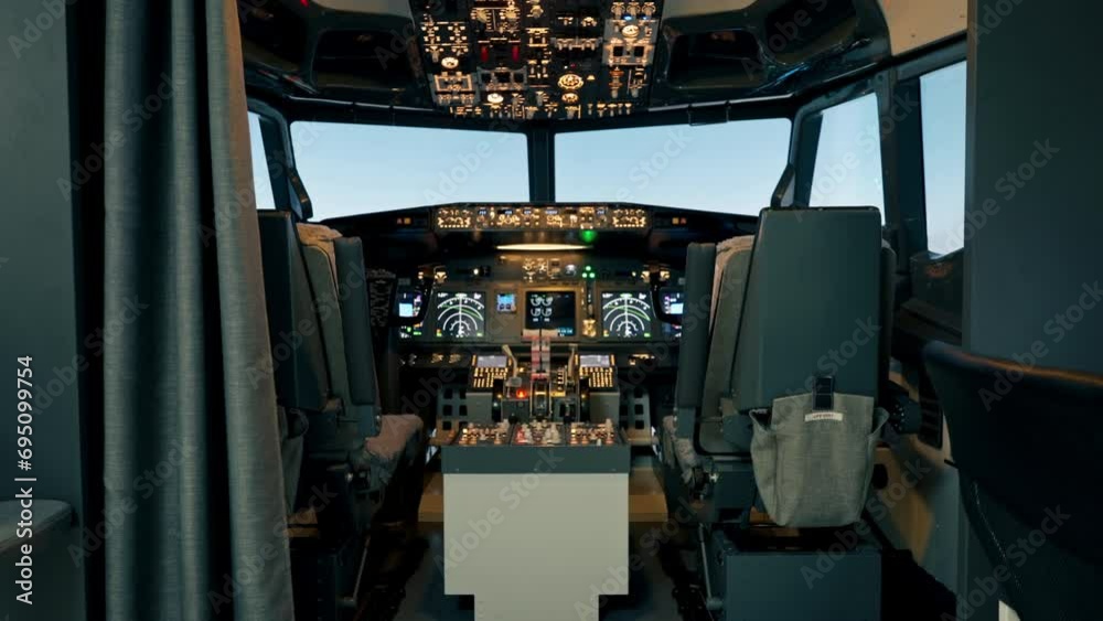 Empty airplane cockpit or flight deck modern passenger plane ready to ...