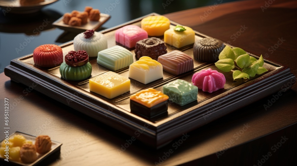 Japanese wagashi traditional sweets on lacquered tray. The colorful ...