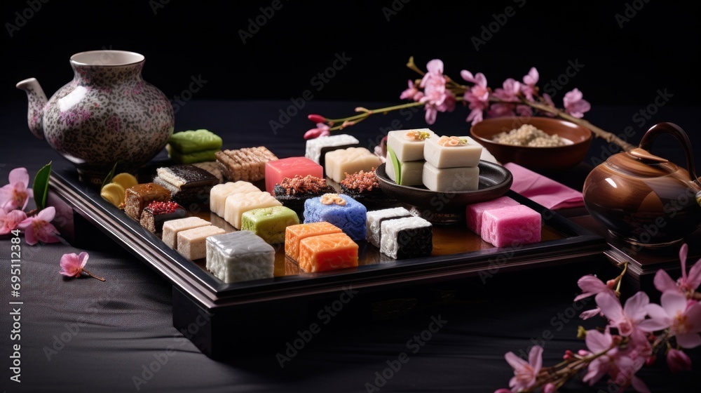 Japanese wagashi traditional sweets on lacquered tray. The colorful ...