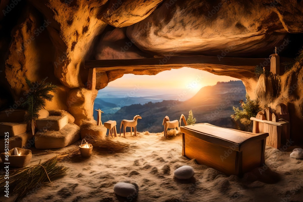 Christian scene with empty wooden manger, star of Bethlehem in cave. of ...