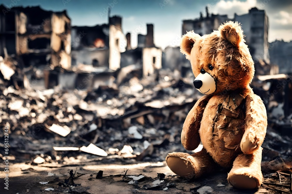 kids teddy bear toy over city burned destruction of an aftermath war ...