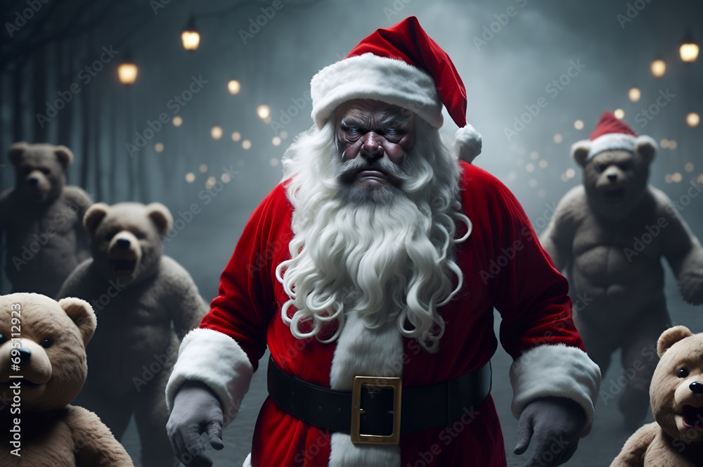 Spooky scary Santa Claus zombie with army of evil teddy bears. Horror ...