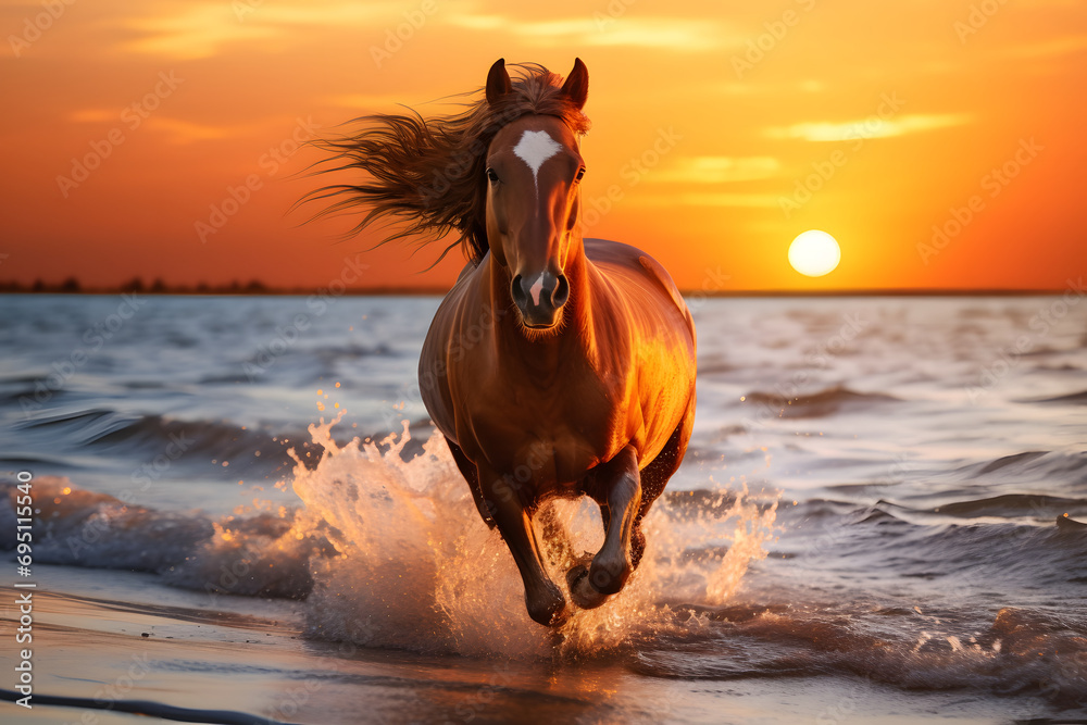 Pferdezauber am Horizont: Galoppierendes Pferd am Strand beim ...
