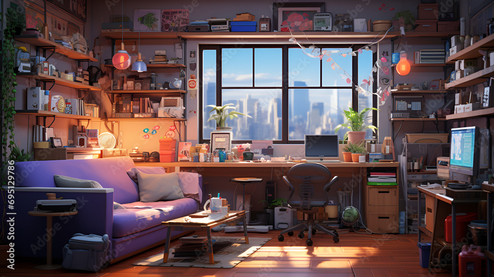 Lofi living room with study table, anime style Stock Illustration ...