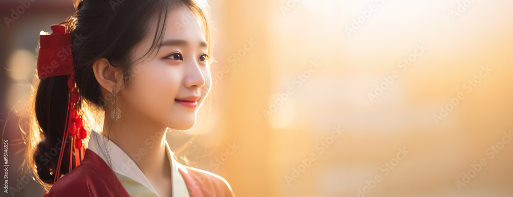 Side view of Chinese woman in traditional costume. Sunbeam as ...
