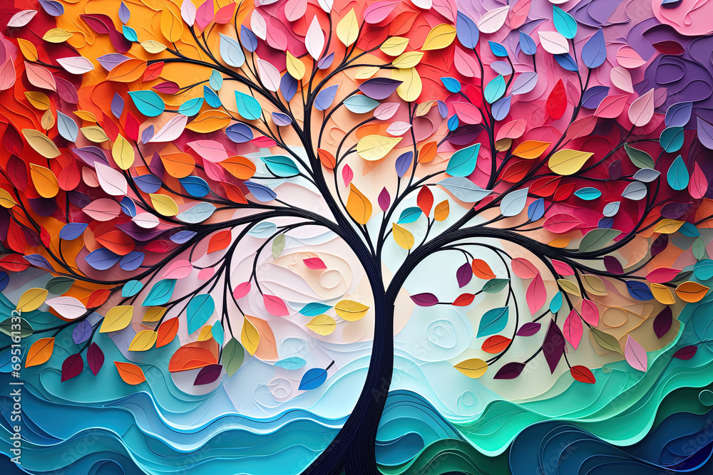3D Colorful Abstract Tree Illustration Wall Art, Elegant Colorful Tree ...