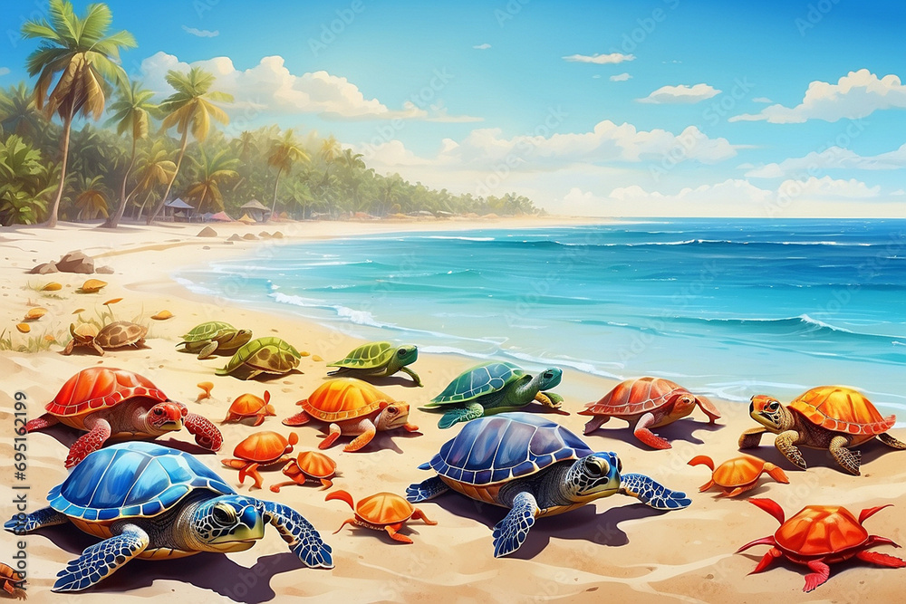 ai generative Beautiful sandy beach with lots of colorful turtles and ...